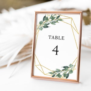 Table Numbers Template, Gold Greenery, Wedding Number Sign, Printable ...