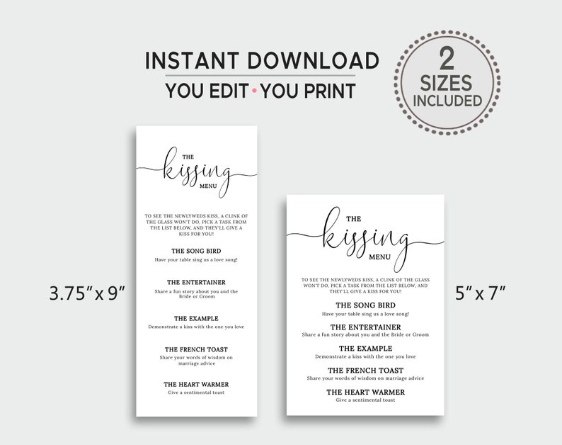 Kissing Menu Printable Menu Cards Wedding Menu Template - Etsy