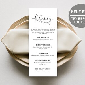 Kissing Menu, Printable Menu Cards, Wedding Menu Template, Wedding ...