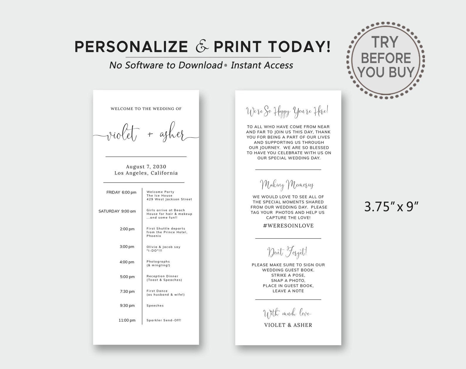 Wedding Programs With Wedding Day Timeline Wedding Program - Etsy