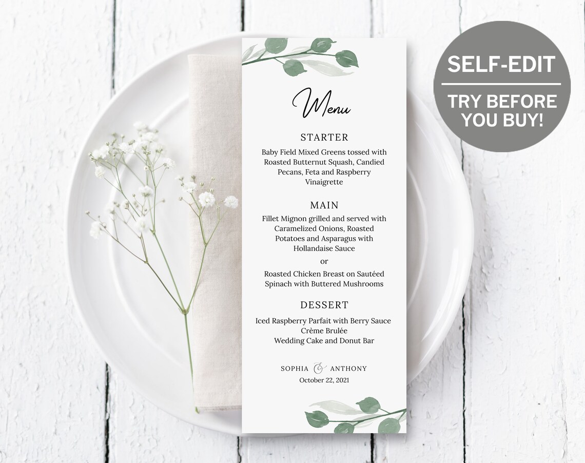 Wedding Menu Template TRY FREE DEMO Wedding Menu Cards | Etsy