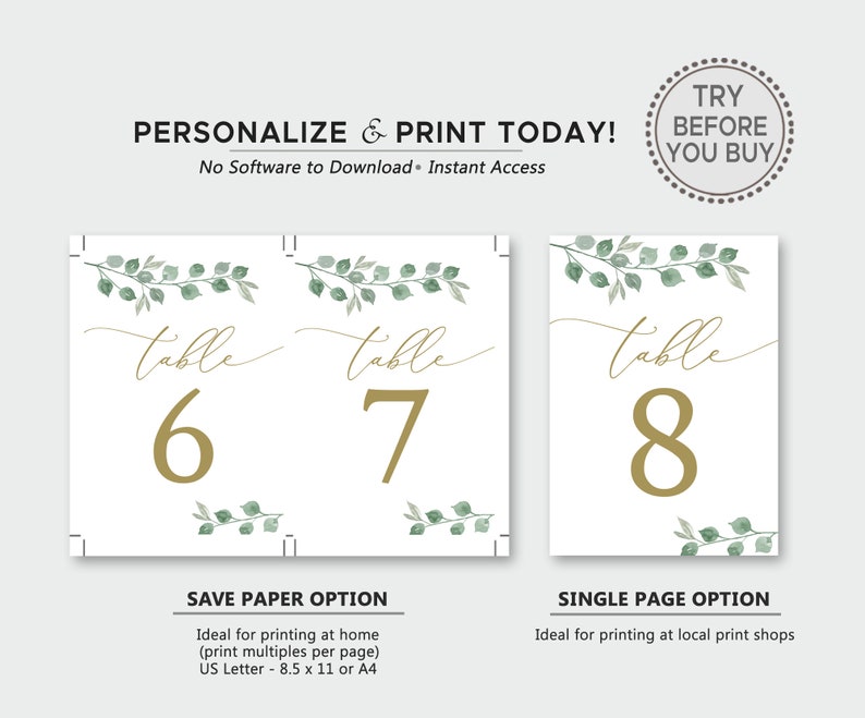 Gold Table Number Template, TRY BEFORE You BUY, Greenery Wedding Table ...