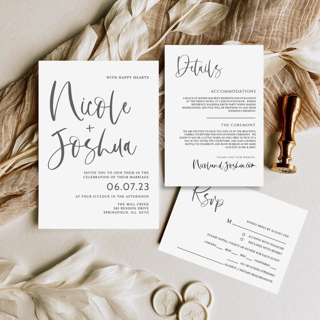 Minimalist Wedding Invitation Template, Modern Calligraphy, Simple ...