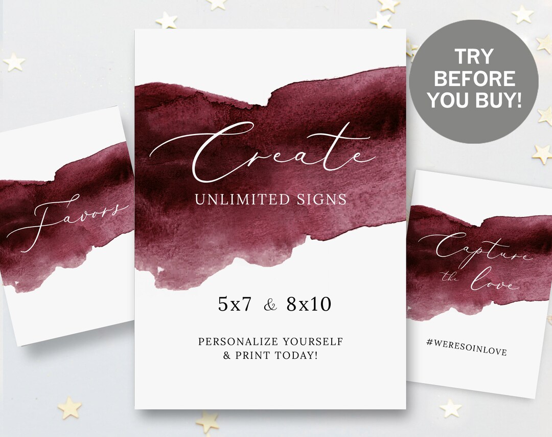 Burgundy Custom Wedding Sign Template, Watercolor Wedding Template, 5x7 ...