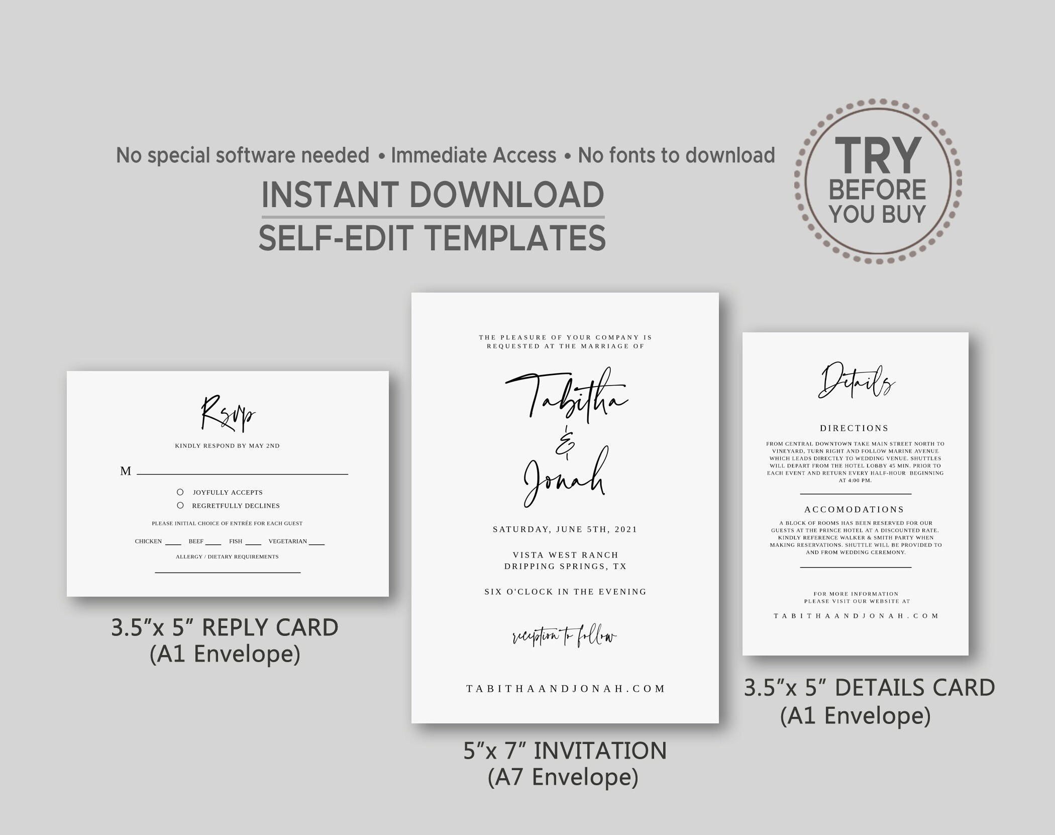 Wedding Invitation Set Template Printable Invitation Suite | Etsy