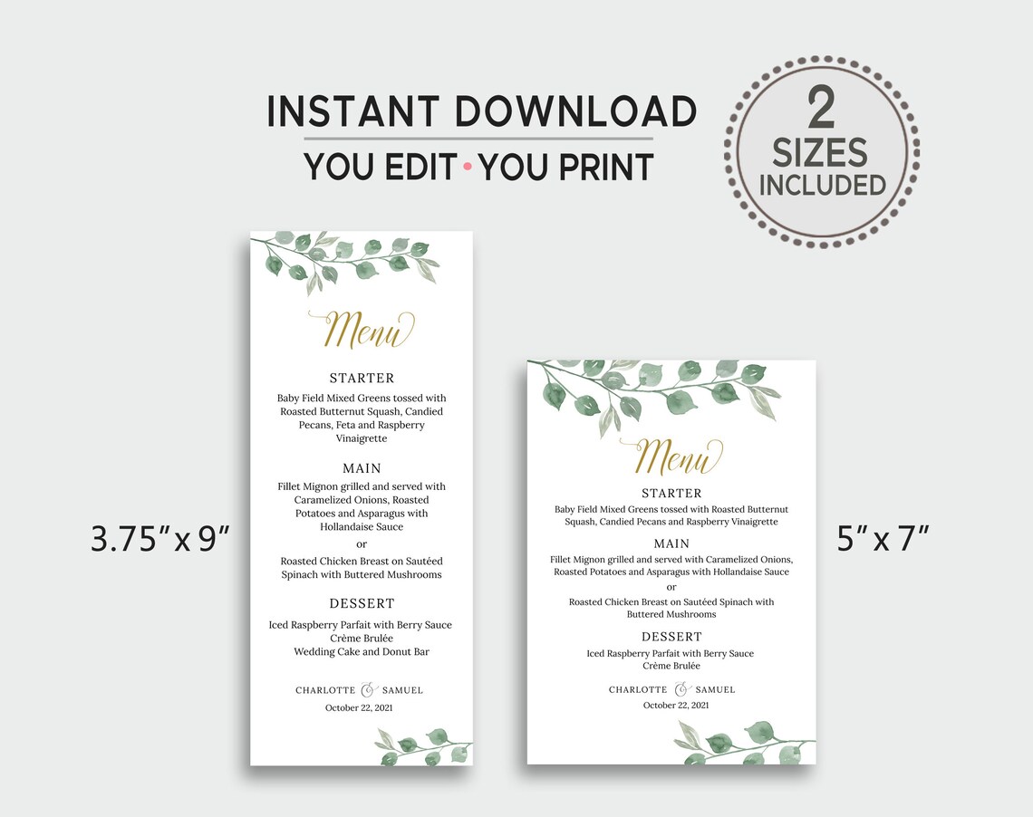 Wedding Menu Template TRY FREE DEMO Wedding Menu Cards | Etsy