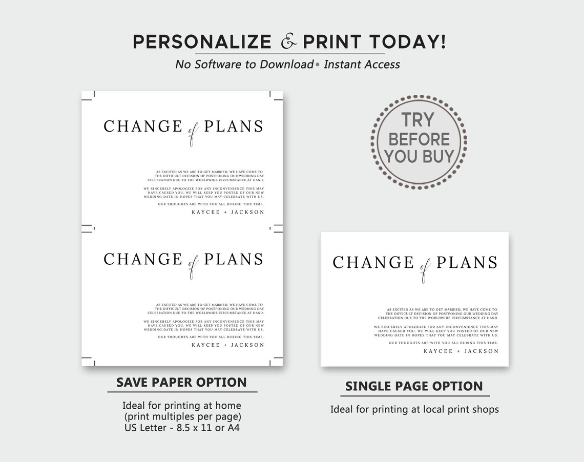 Change of Plans Wedding Invitation, TRY BEFORE You BUY, Wedding ...