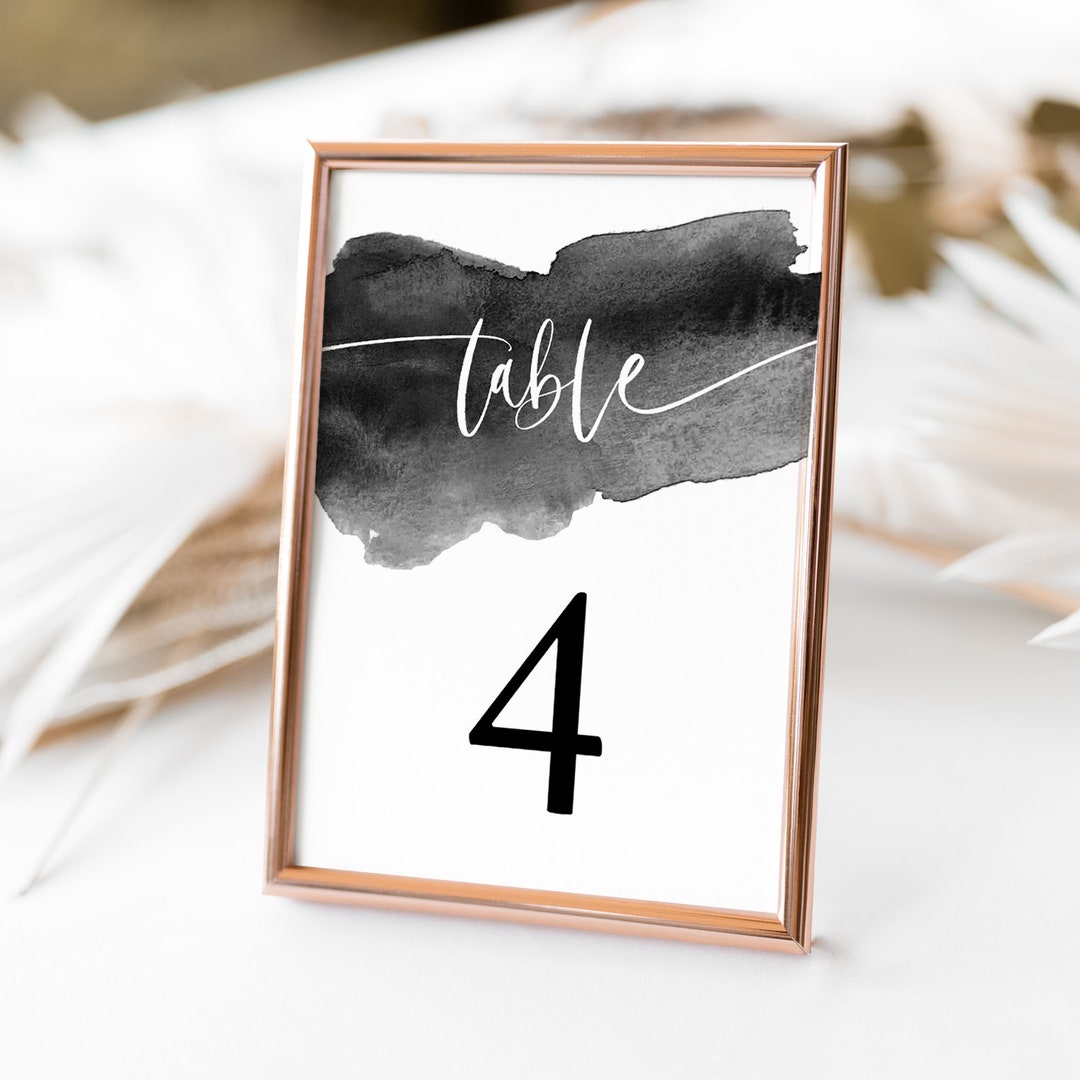 Editable Wedding Table Numbers Template, Black Watercolor, Minimalist ...