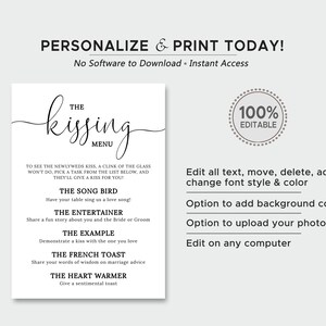 Kissing Menu, Printable Menu Cards, Wedding Menu Template, Wedding ...