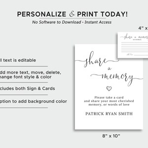 Share a Memory Card, Celebration of Life Template, Editable Funeral ...