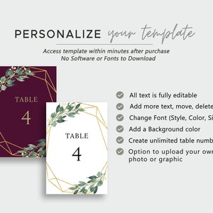 Table Numbers Template, Gold Greenery, Wedding Number Sign, Printable ...