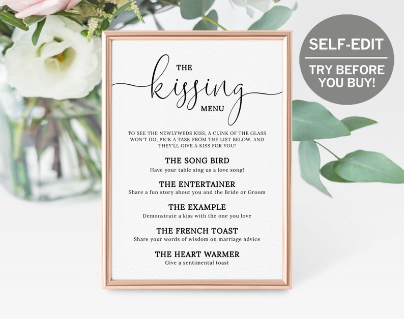 Kissing Menu Printable Menu Cards Wedding Menu Template - Etsy