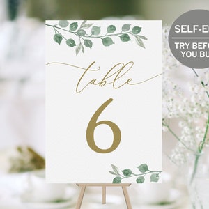Gold Table Number Template, TRY BEFORE You BUY, Greenery Wedding Table ...