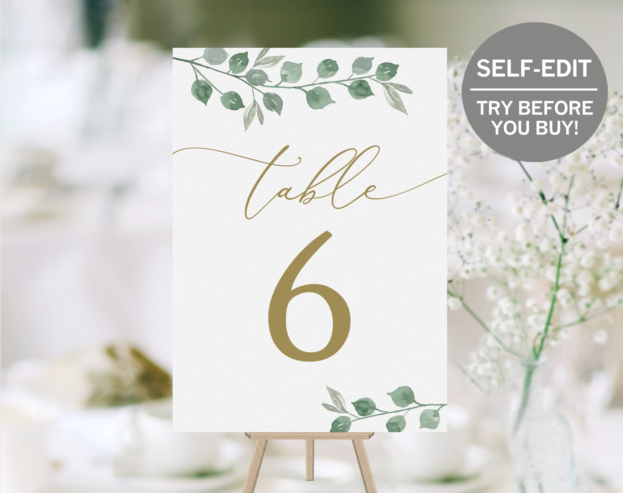 Gold Table Number Template, TRY BEFORE You BUY, Greenery Wedding Table ...