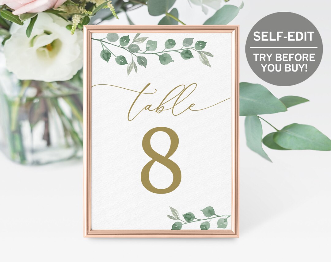 Gold Table Number Template, TRY BEFORE You BUY, Greenery Wedding Table ...