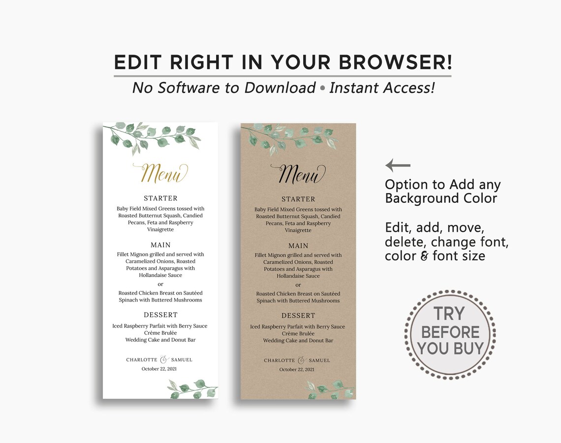 Wedding Menu Template, TRY FREE DEMO, Wedding Menu Cards, Bridal Shower ...