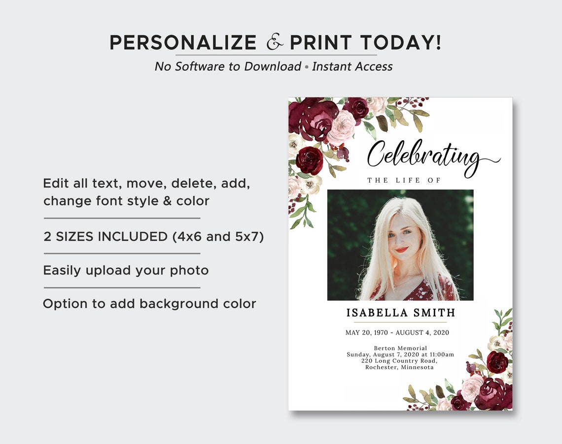 Editable Funeral Program Template Celebration of Life Card - Etsy