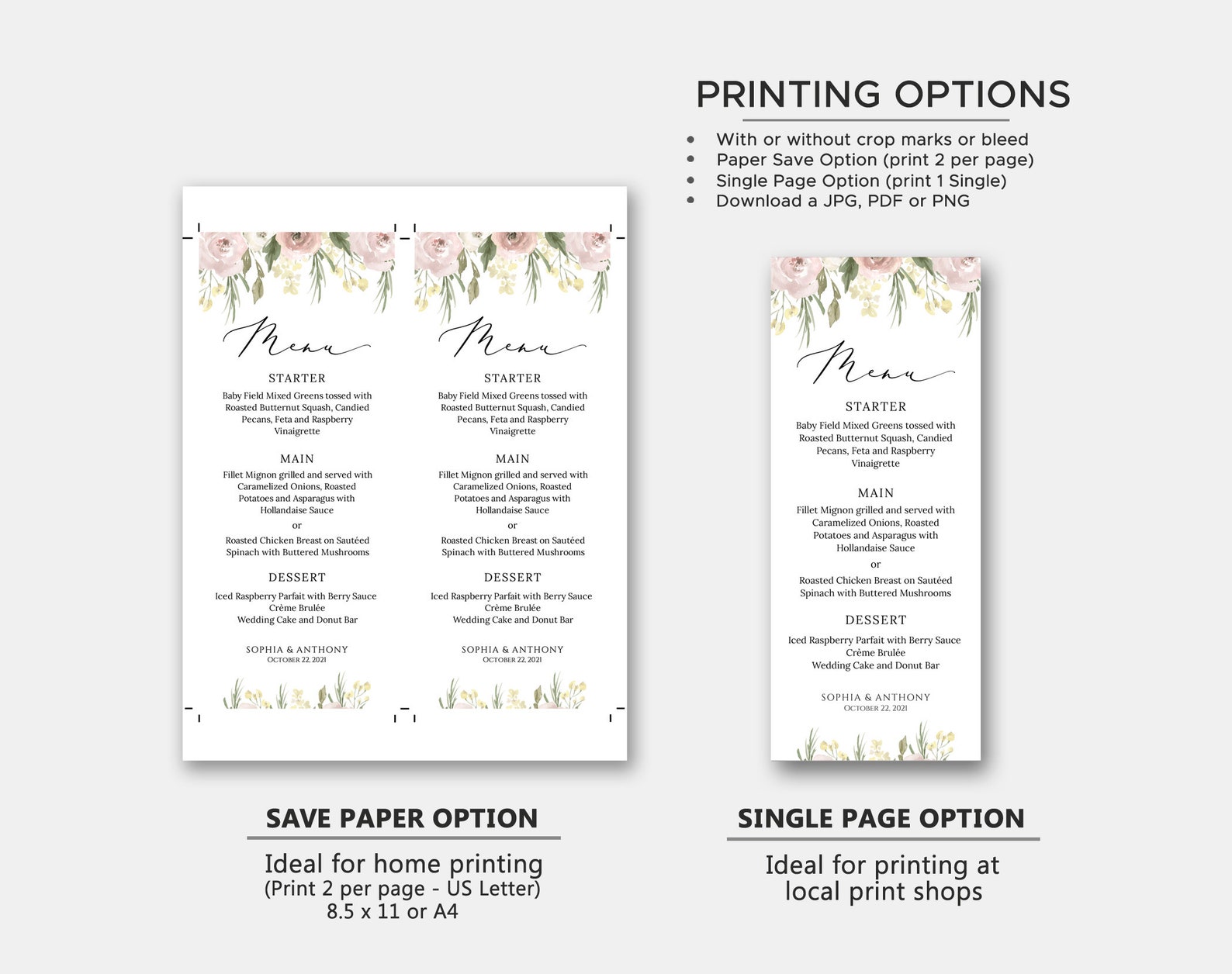 Rose Gold Wedding Menu Template, Floral Wedding Menu Cards, 100% ...