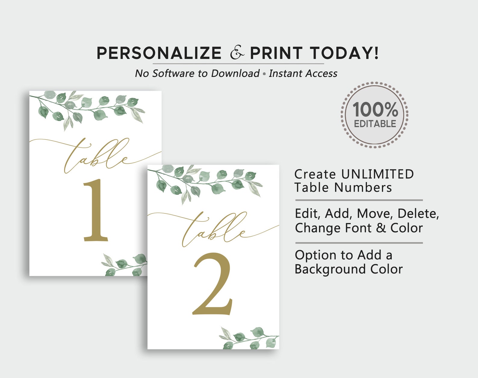 Gold Table Number Template TRY BEFORE You BUY Greenery | Etsy