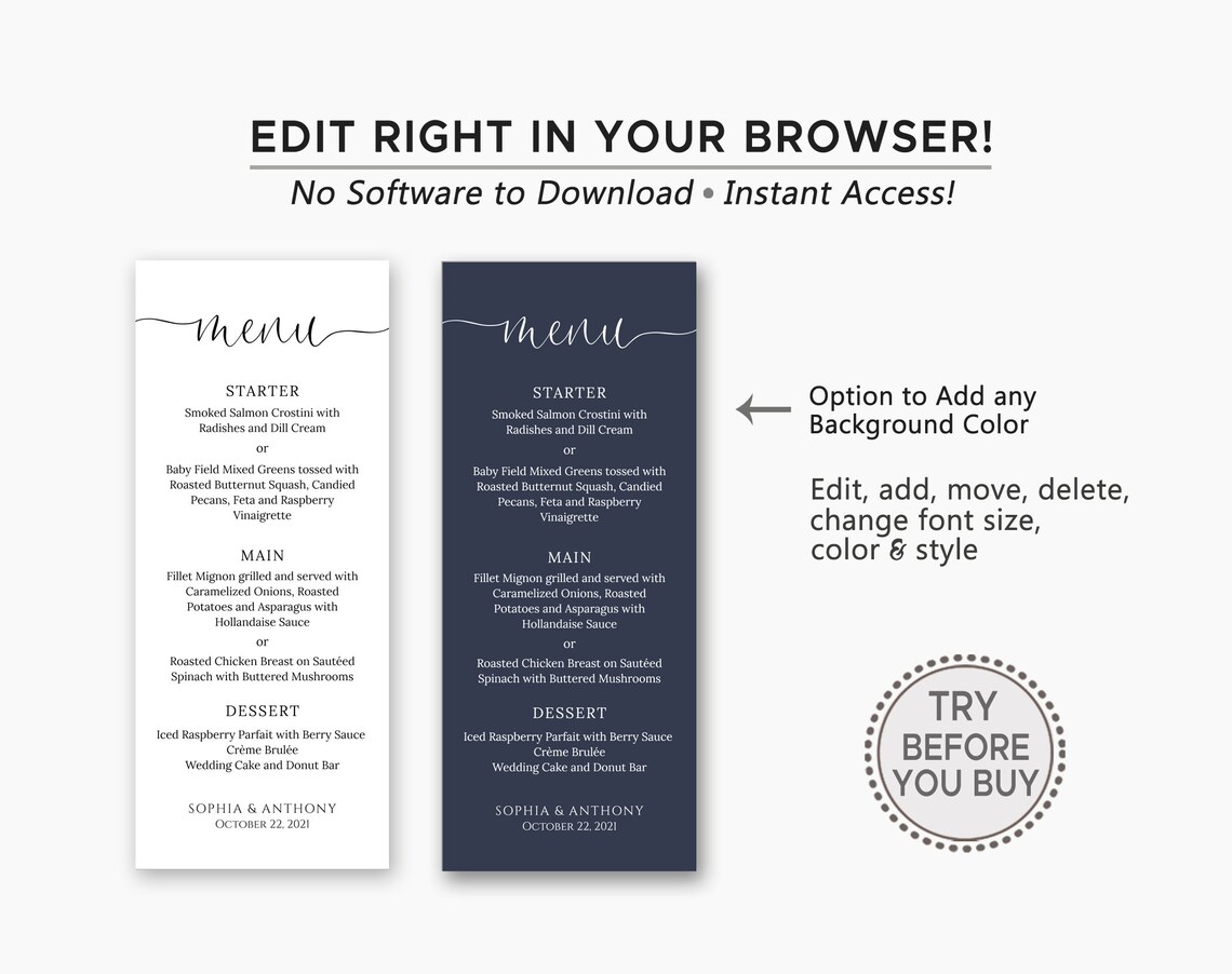 Rustic Wedding Menu Template Printable Wedding Menu Cards | Etsy