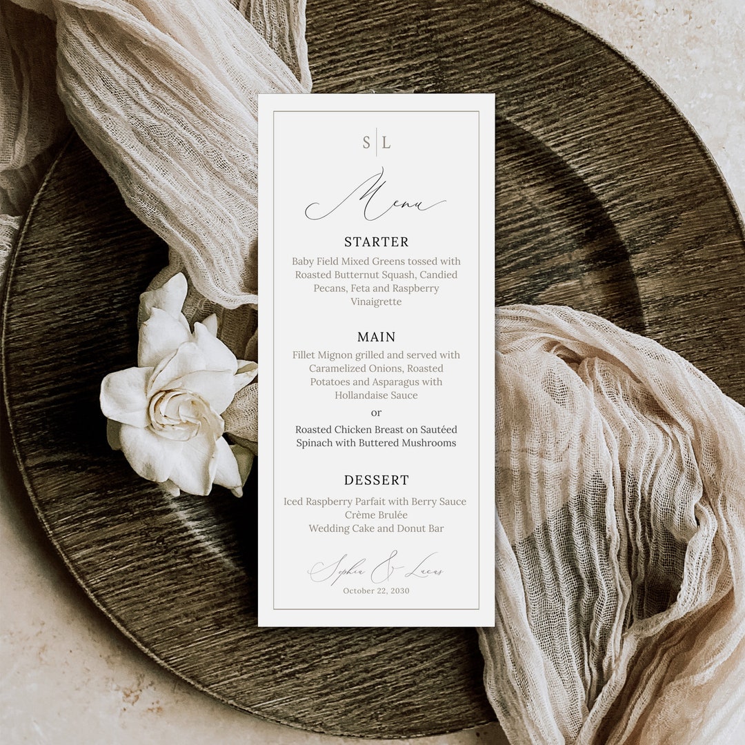 Wedding Menu Template, Modern Wedding Monogram, Menu Cards, Minimalist ...
