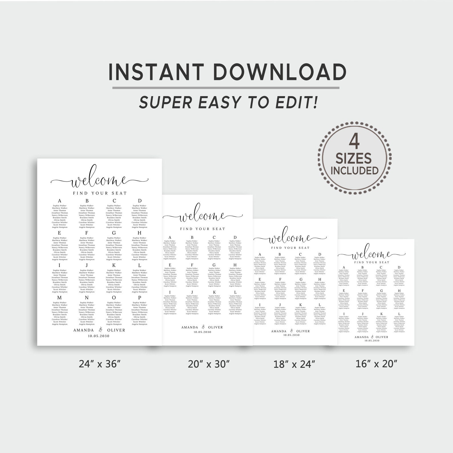 Alphabetical Seating Chart Template, Modern Calligraphy, Wedding ...