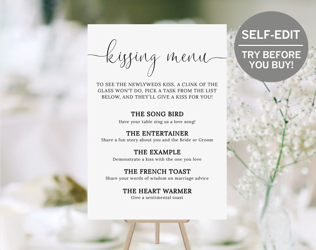 Kissing Menu, Wedding Menu Template, Printable Menu Cards, Wedding ...