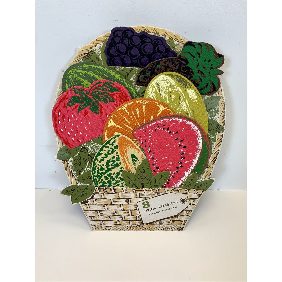 Vintage H. J. Stotter Pop Art Fruit Drink Coasters Set of 8 and Basket ...