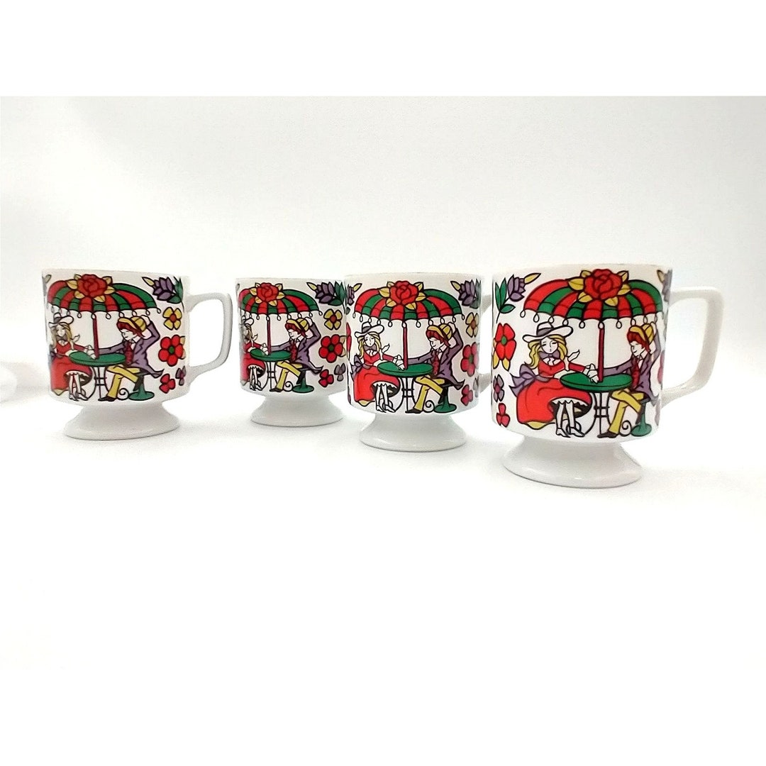 Vintage Set of 4 Vintage Enesco Psychedelic Floral Boy Girl Coffee Tea ...