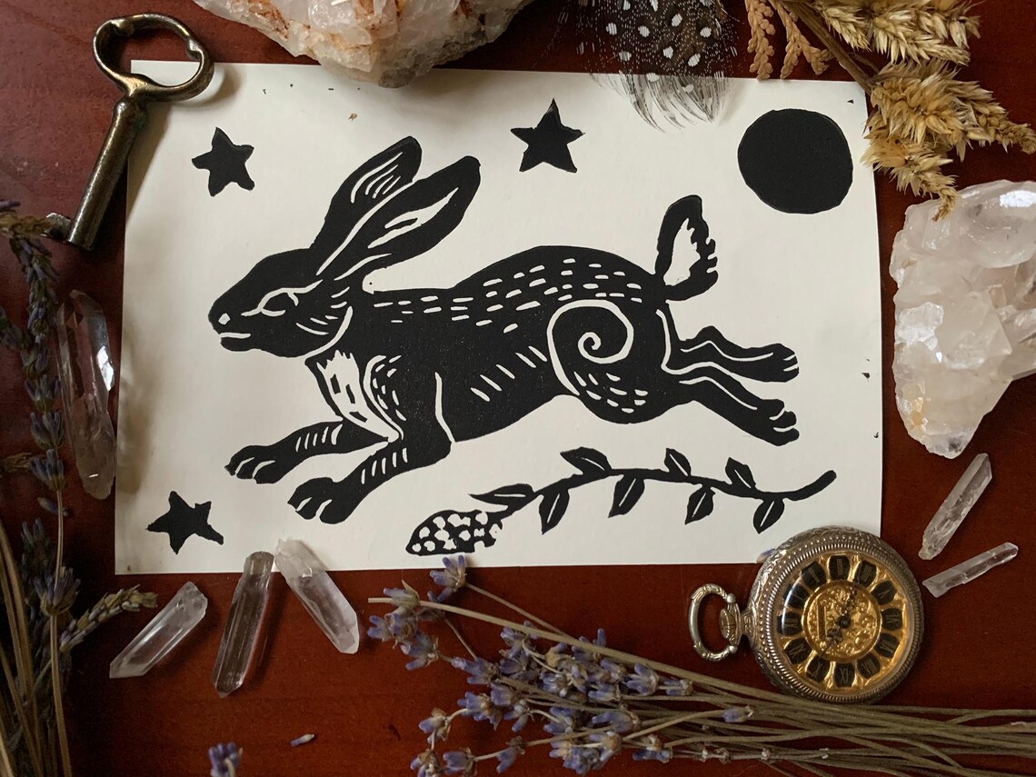 Leaping Rabbit Print, Block Print, Linocut, Hare - Etsy