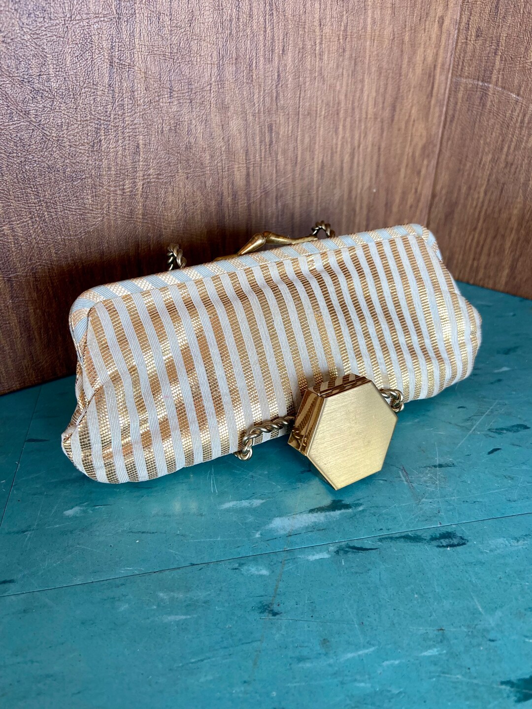 Vintage Clutch Purse Brass Makeup Compact 1950's Bag Mirror Gold Stripe ...