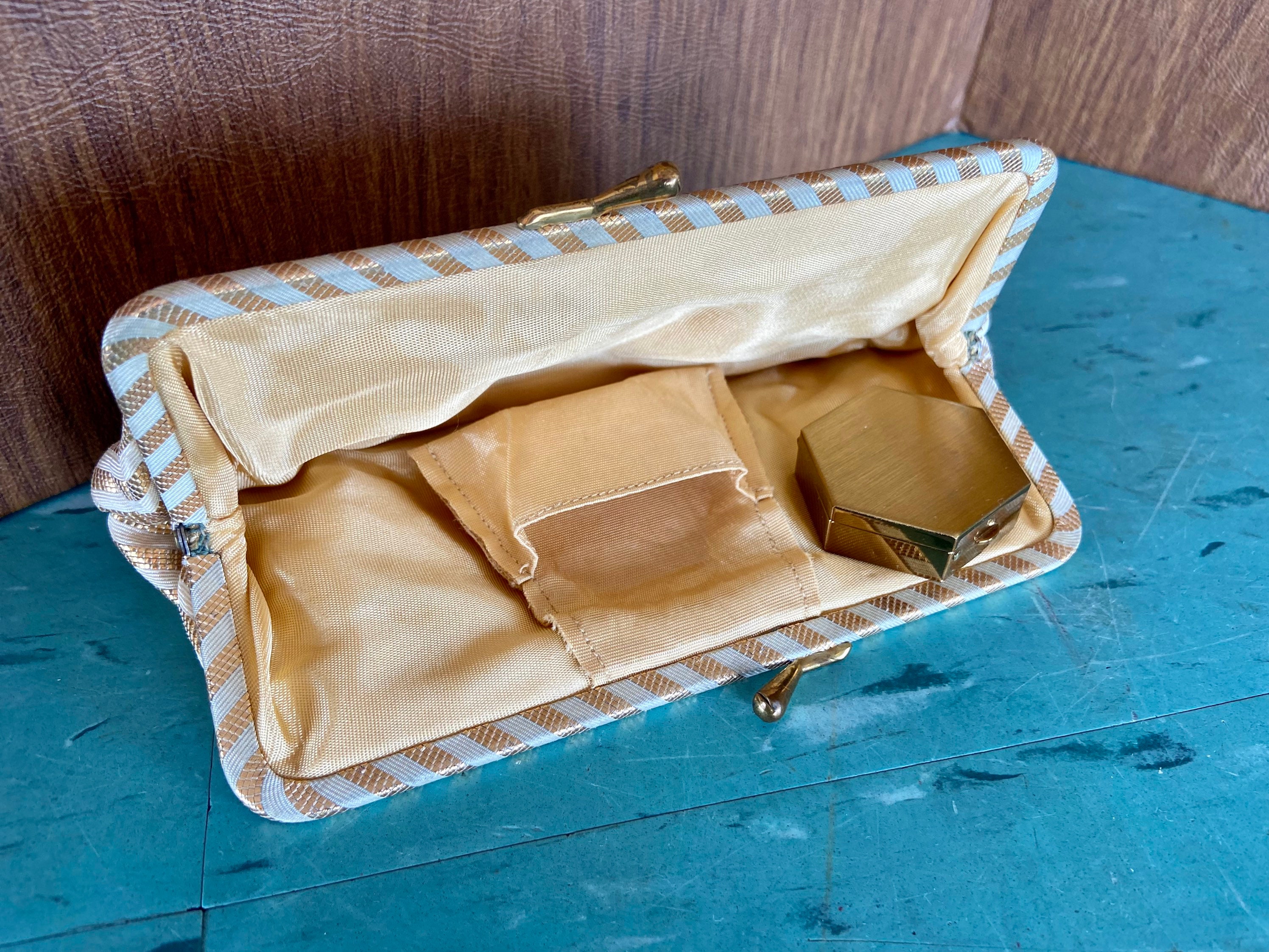 Vintage Clutch Purse Brass Makeup Compact 1950's Bag Mirror Gold Stripe ...