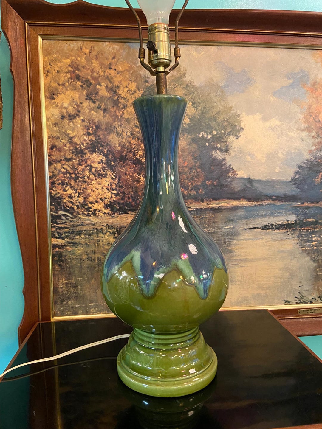 Table Lamp Green Blue Drip Glazed Pottery Mcm Vintage Ceramic Tall ...