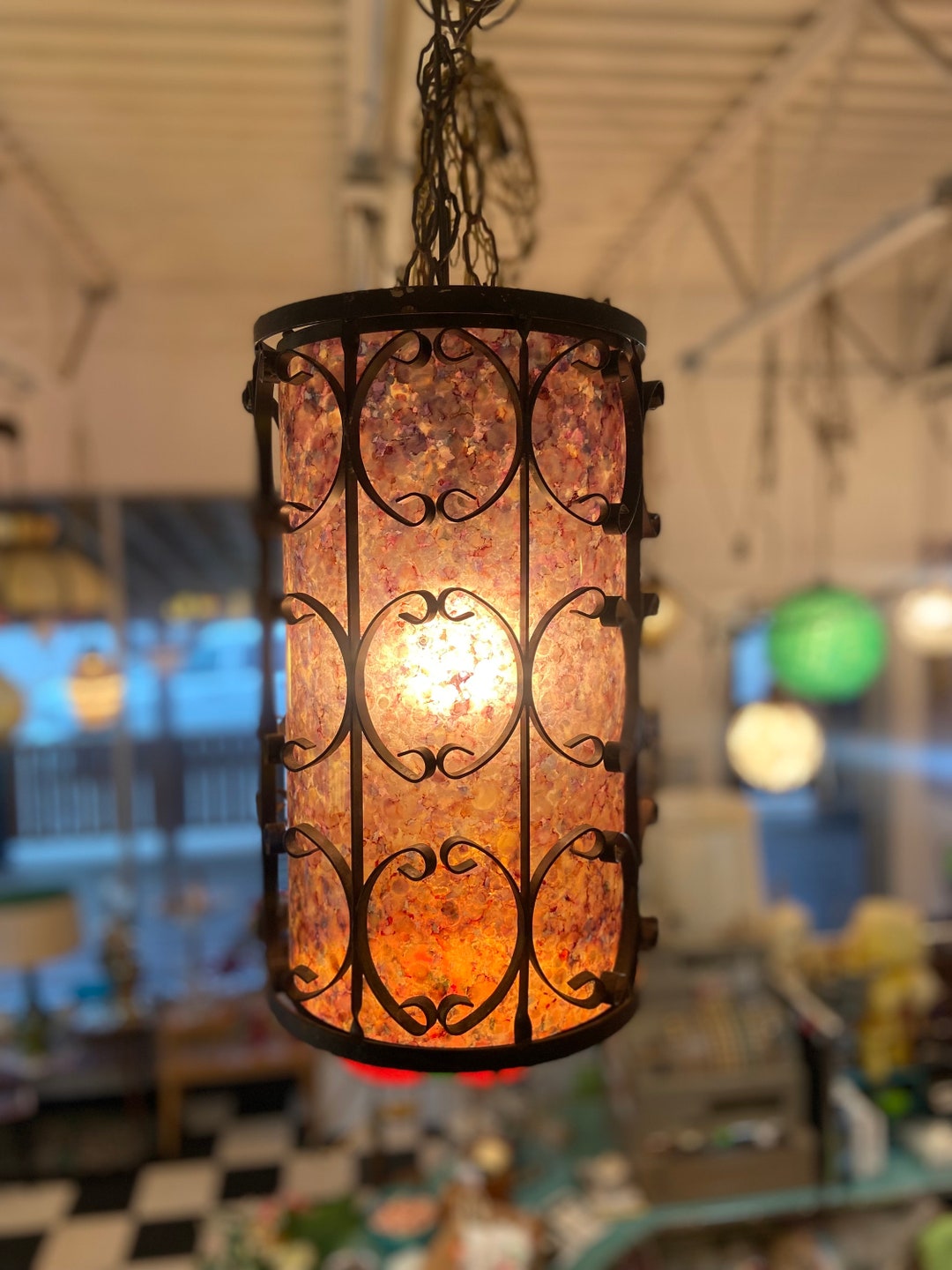 Vintage Swag Lamp Hanging Light Spanish Revival Gothic Black Metal Lava ...