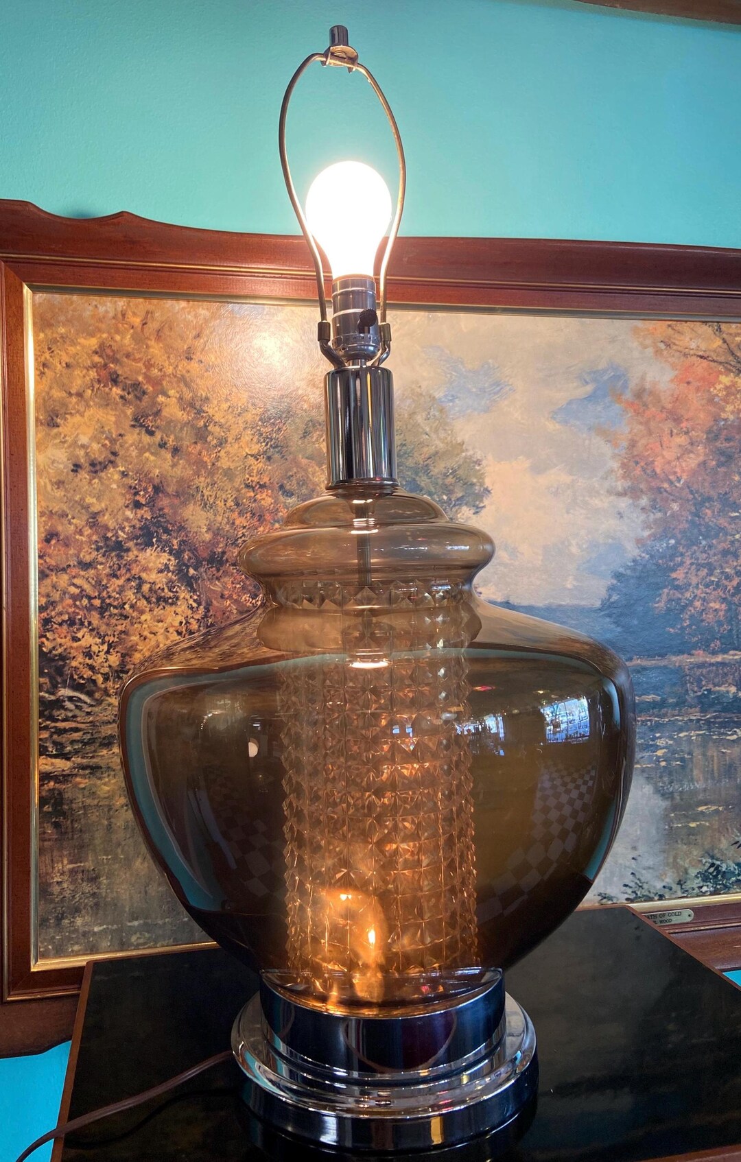 Vintage Lamp Smoked Glass Large Tri Lamp Table Chrome Atomic Retro Mcm ...