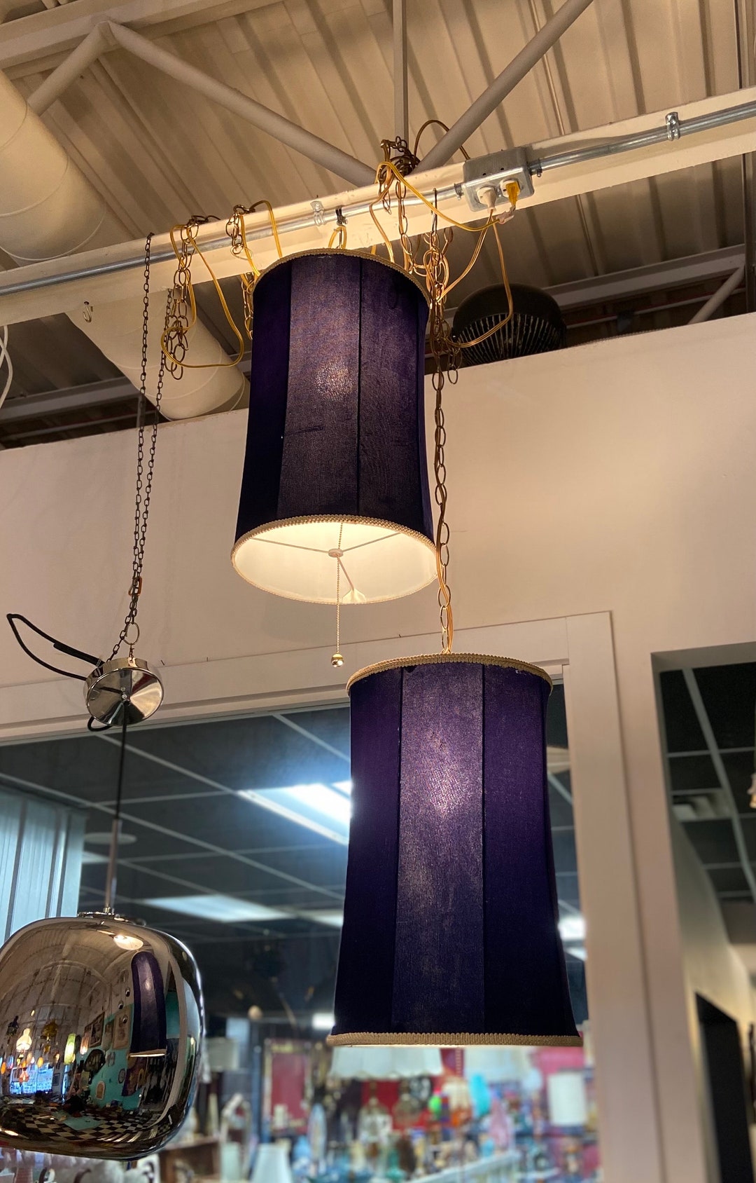 Pair Swag Lamps Vintage Blue Velvet Purple Hanging Light Fabric Kitschy ...