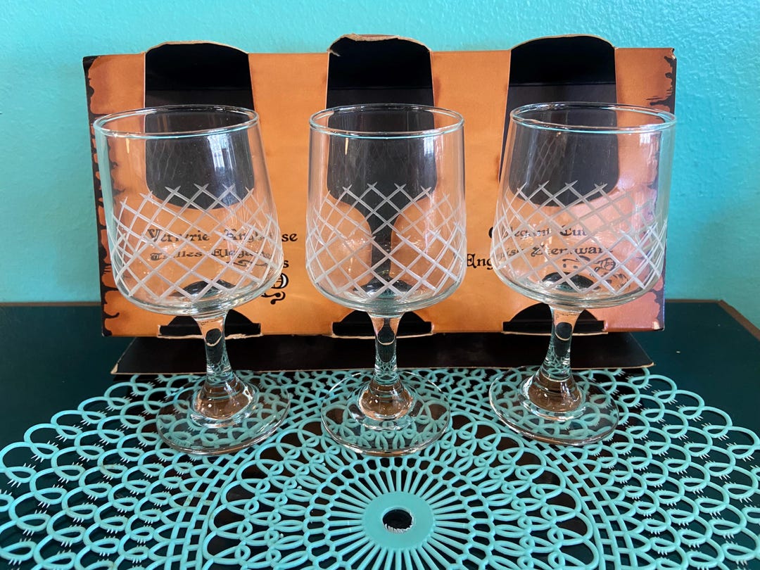 Vintage Set 3 Wine Glasses Dema England New Old Stock Nos Barware Clear ...