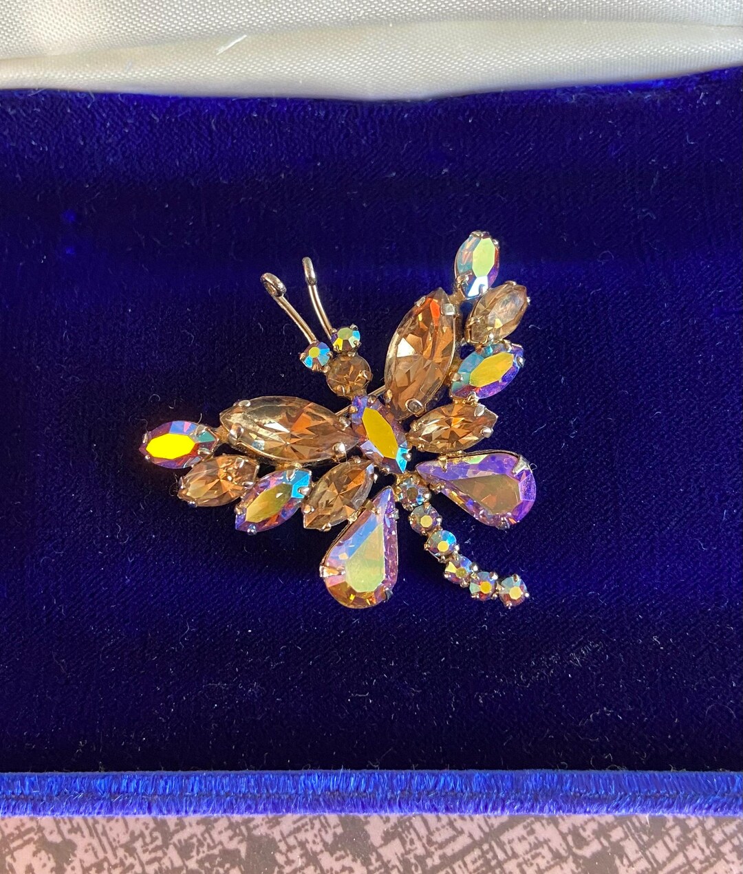 Vintage Sherman Brooch RARE Butterfly Insect Crystal Iridescent Aurora ...
