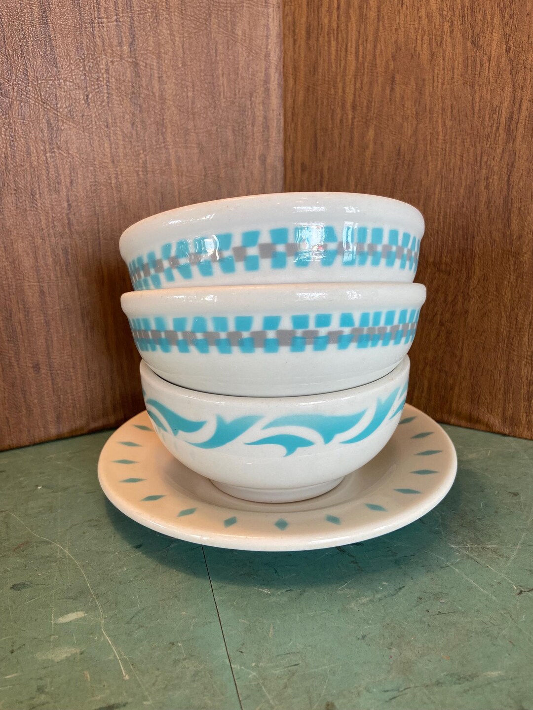 Bowls Plate Vintage Turquoise Checker Shenago Vandesca Restaurant Ware ...