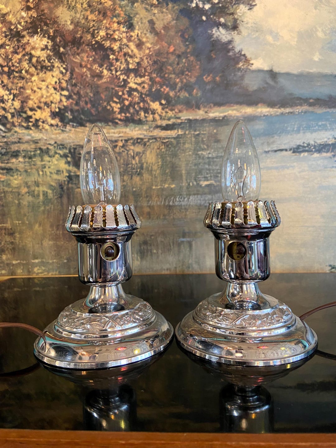 Set 2 Lamps Antique Torpedo Bullet Art Deco Lamp Cylinder Bedside Cast ...