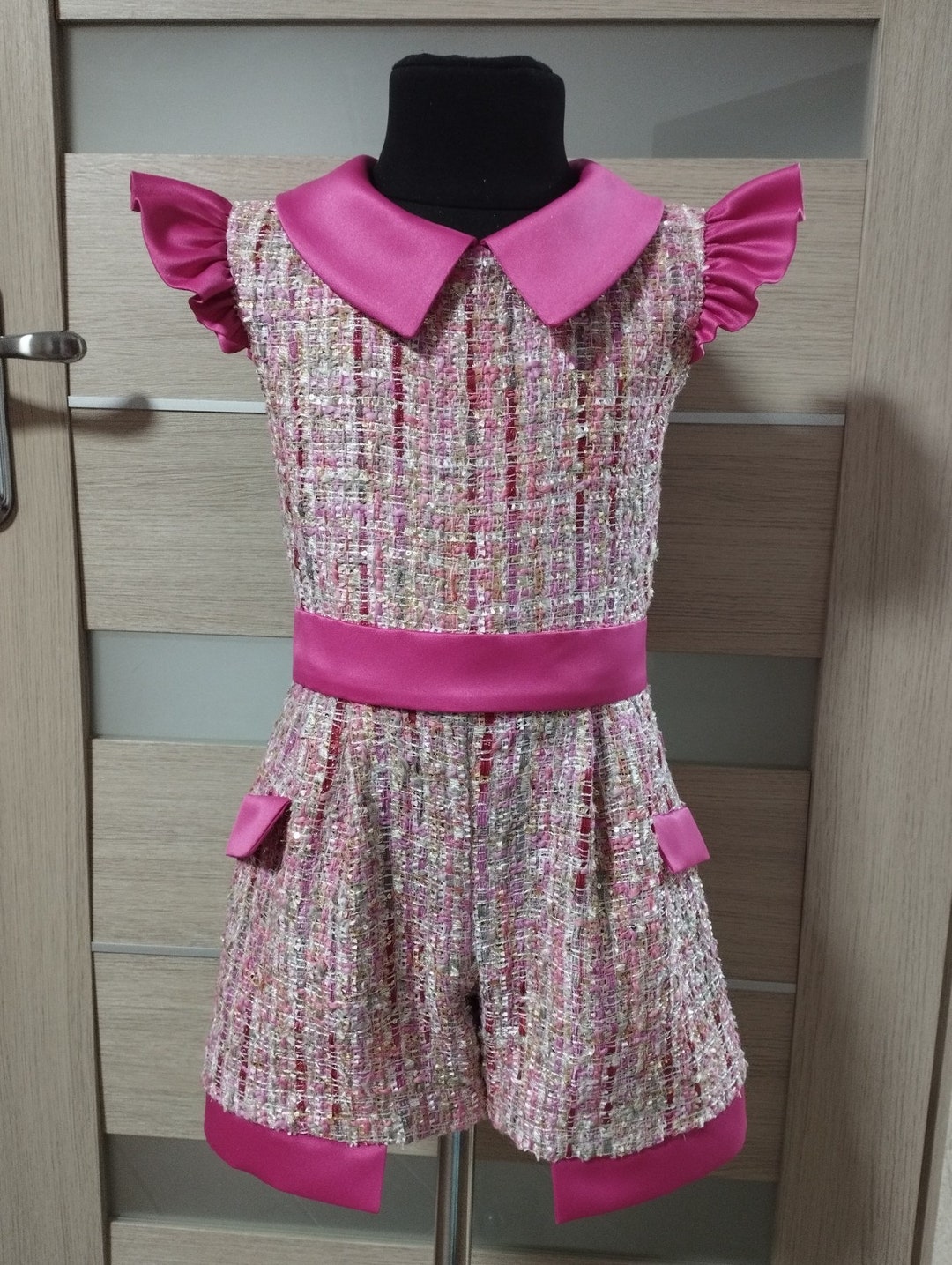 Hot Pink Tweed Romper Pageant Pink Casual Outfit Girls Pink Wear Pink ...