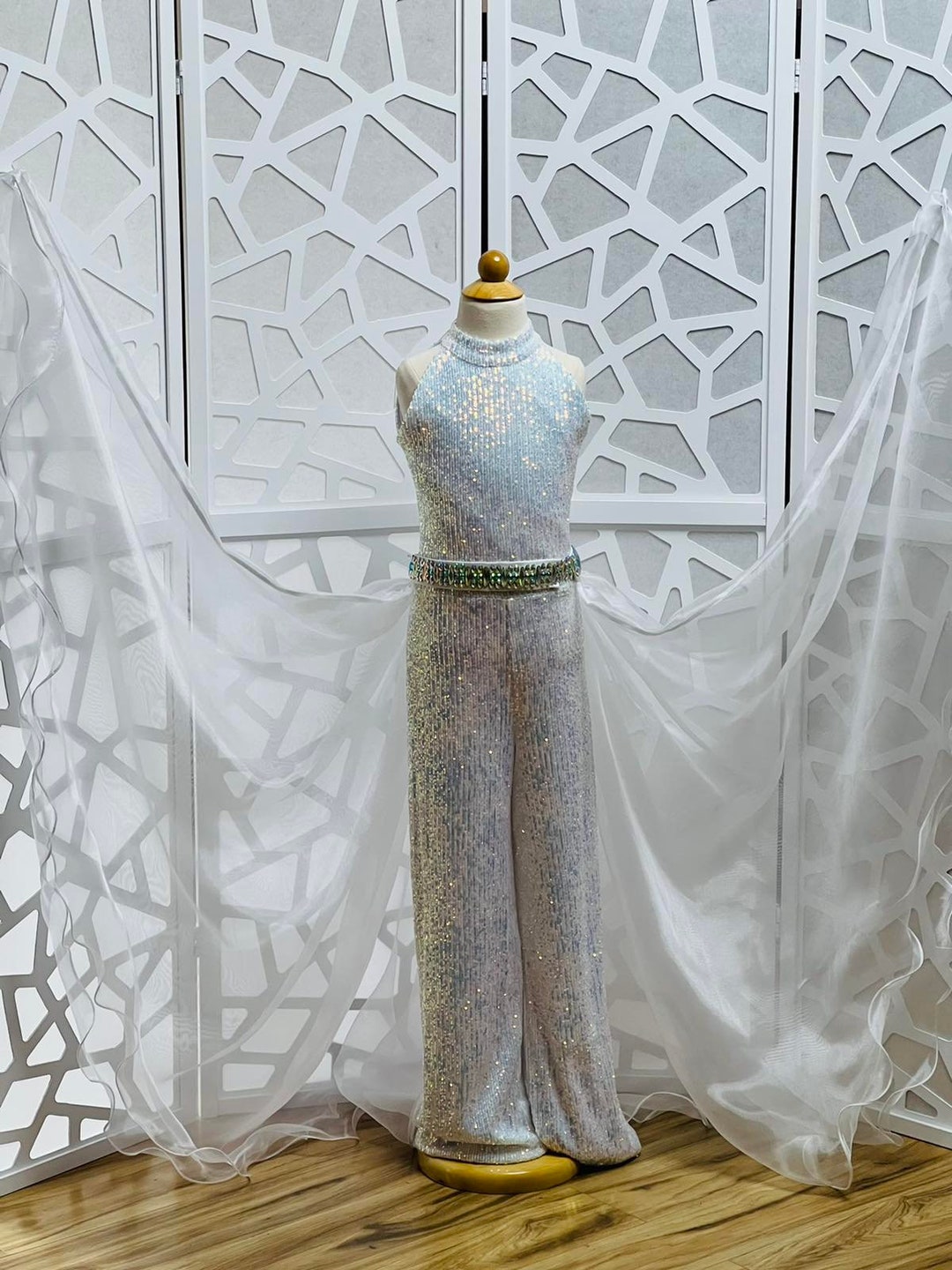 White Sparkly Jumpsuit Pageant Runway Outfit Girls Sequins Wear White ...