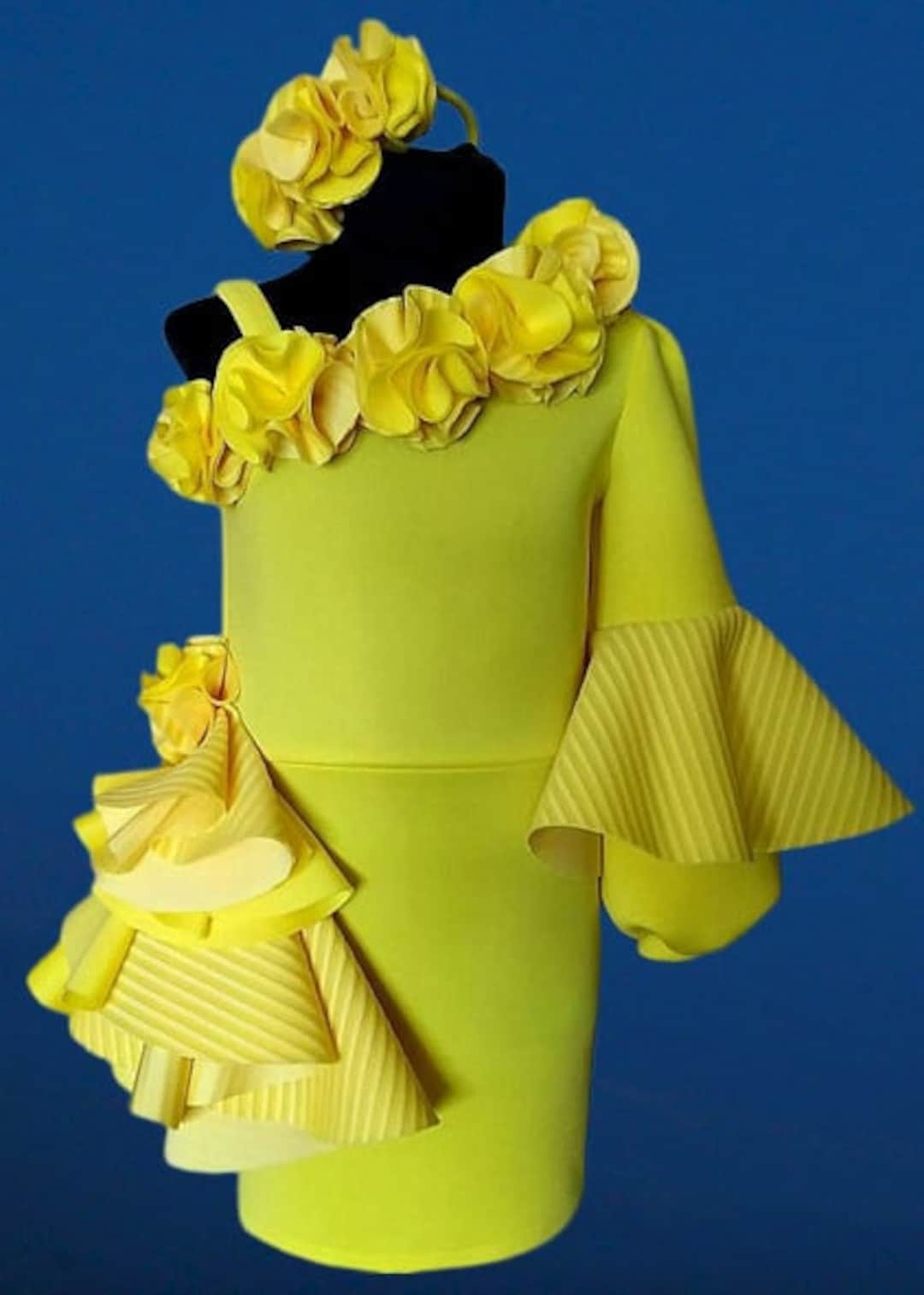 Yellow Interview Dress Pageant Yellow Ruffles Flowers Scuba Girls ...