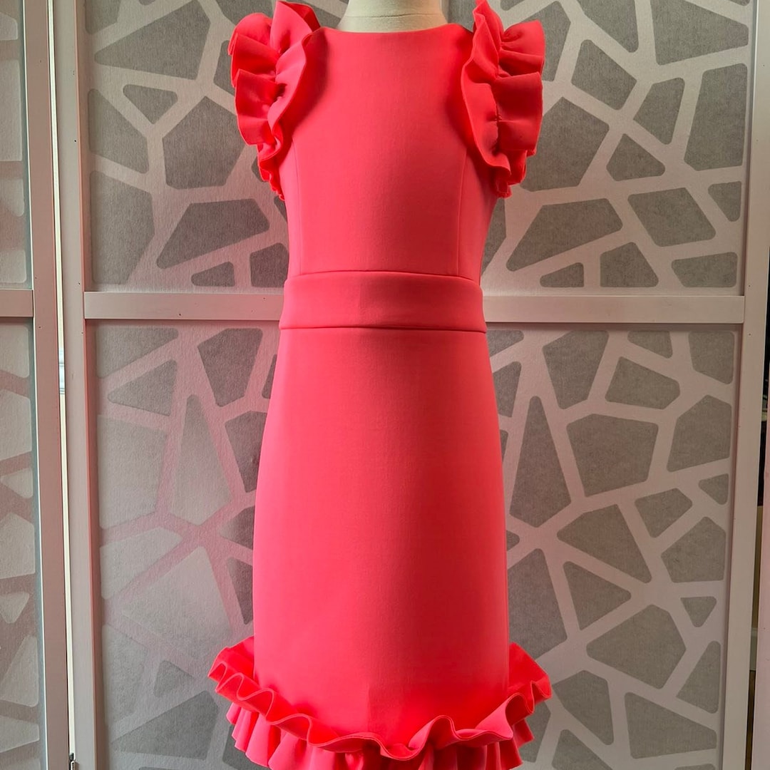 Neon Orange Pink Pageant Dress With Ruffles Girls Neoprene Homecoming ...