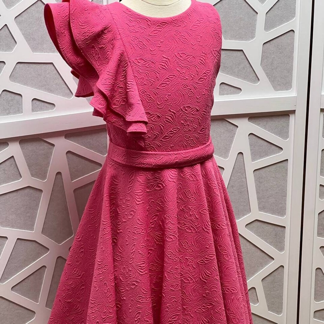 Hot Pink Interview Pageant Dress Girls Neoprene Fluffy Sleeves Dress ...