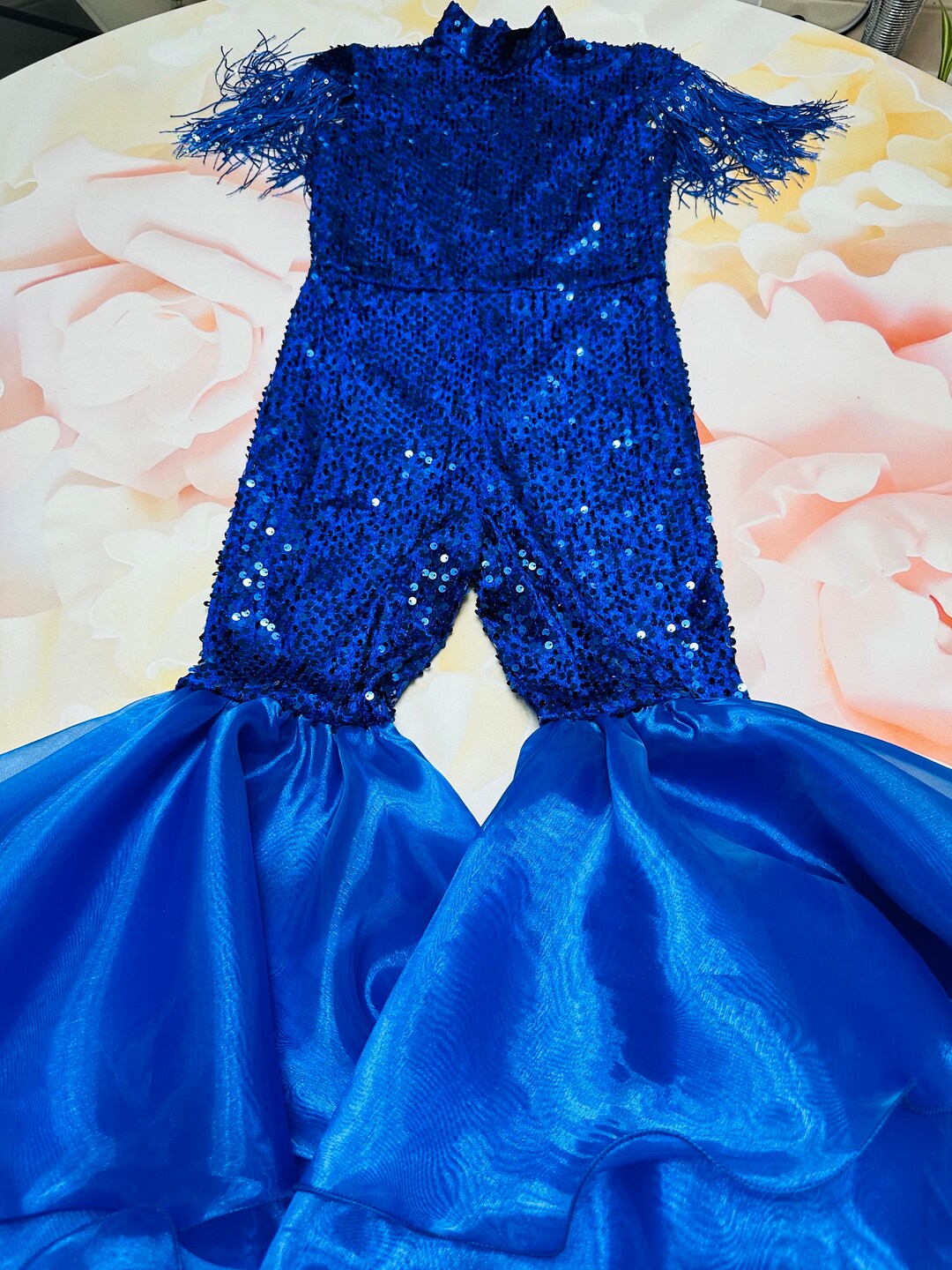 Roya Blue Sparkly Jumpsuit Pageant Outfit Girls Sequins Organza Fringe ...
