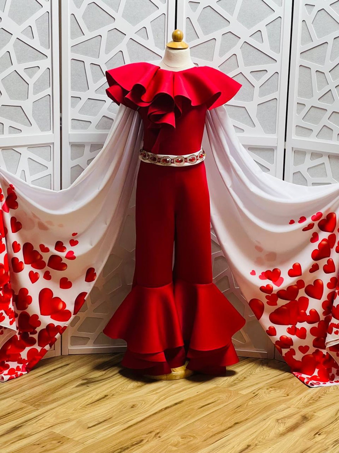 Red Fun Fashion Girls Outfit Neoprene Jumpsuit With Hearts Print Cape ...