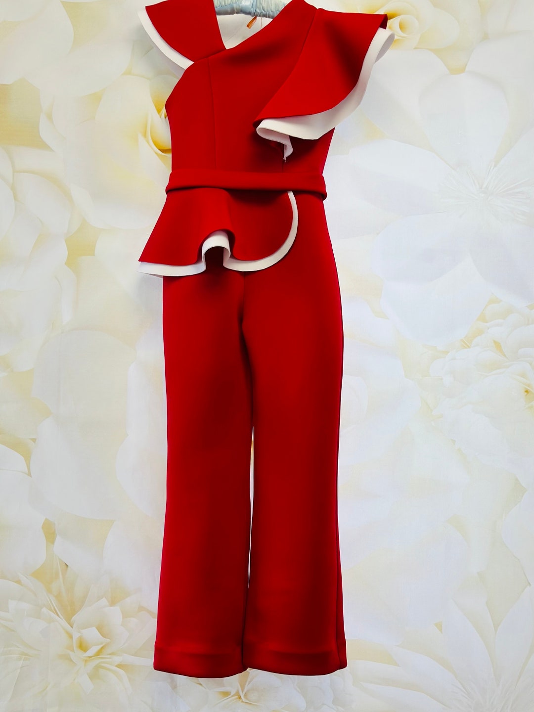 Red Interview Jumpsuit Pageant Red Outfit With Ruffles Girls Neoprene ...