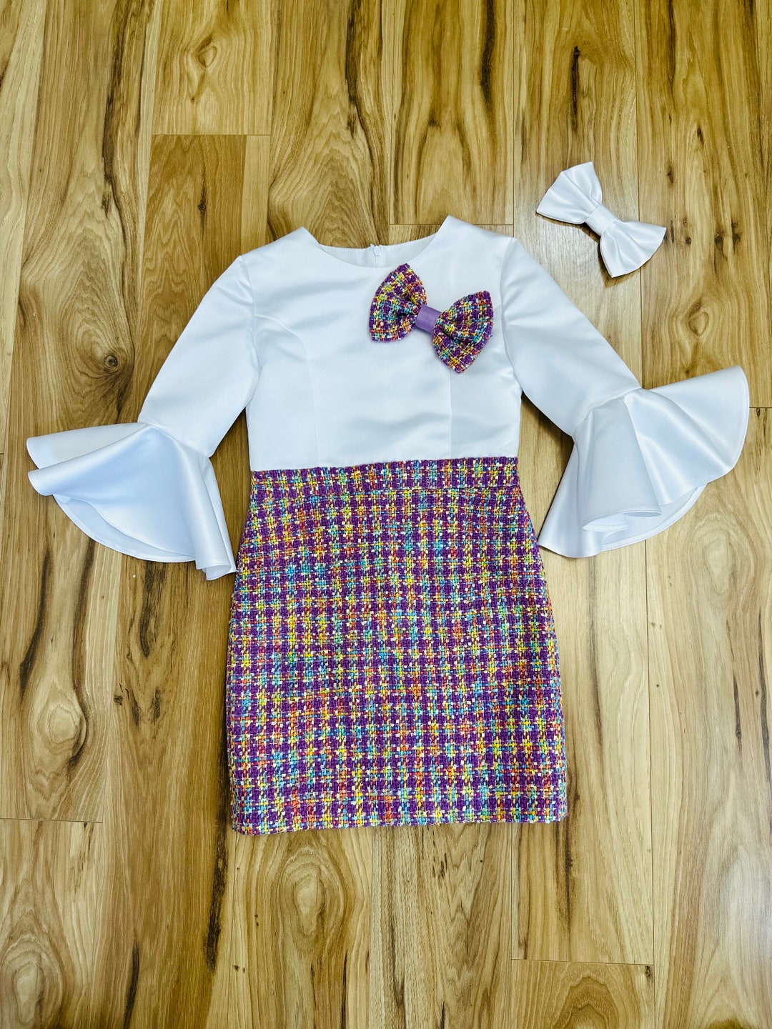 Purple White Tweed Dress Pageant Interview Outfit Girls Casual Wear ...