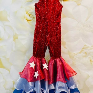 Red White Blue Jumpsuit Pageant Fun Fashion Girls Sequins Sparkly ...